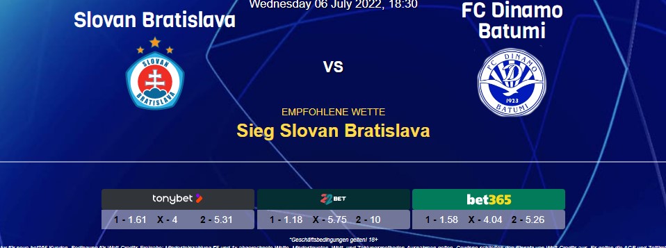 Slovan Bratislava – Dinamo Batumi (06.07.2022): Prognose und Tipps